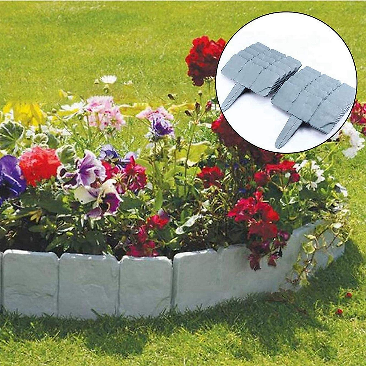 GUOFEI DIY Decorative Flower Grass Bed Border,Grey Stone Effect Plastic Palisade Fence Lawn Edging Garden Fence Edging,for Garden,Lawn,Walkway and Landscape Edging (10pcs, Gray)