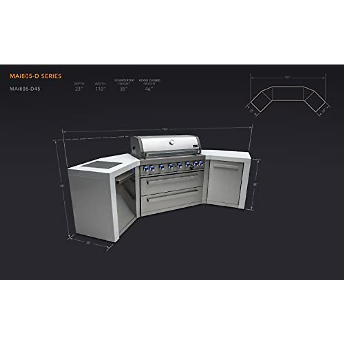 Mont Alpi 44-Inch MAi805-D45 Deluxe 45 Degree 6-Burner 115000 BTU Deluxe Stainless Steel Island Outdoor Kitchen Gas Barbecue Grill w/Granite Countertops & Sides + Storage Drawers & Cabinets