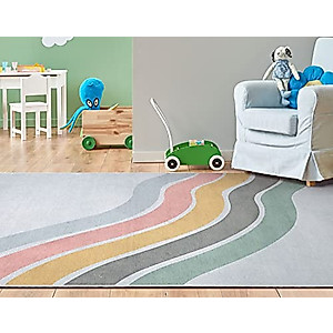 Well Woven Kids Modern Rugs Curved Rainbow 5' x 7' Multi Color Printed Machine Washable Area Rug