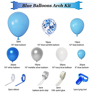 123Pcs Blue Balloons Garland Arch Kit, 18"12"10"5" Navy Blue Sliver Metallic White Confetti Balloons for Boys Birthday Party Ocean Theme Wedding Baby Shower Graduation Anniversary Background Supplies
