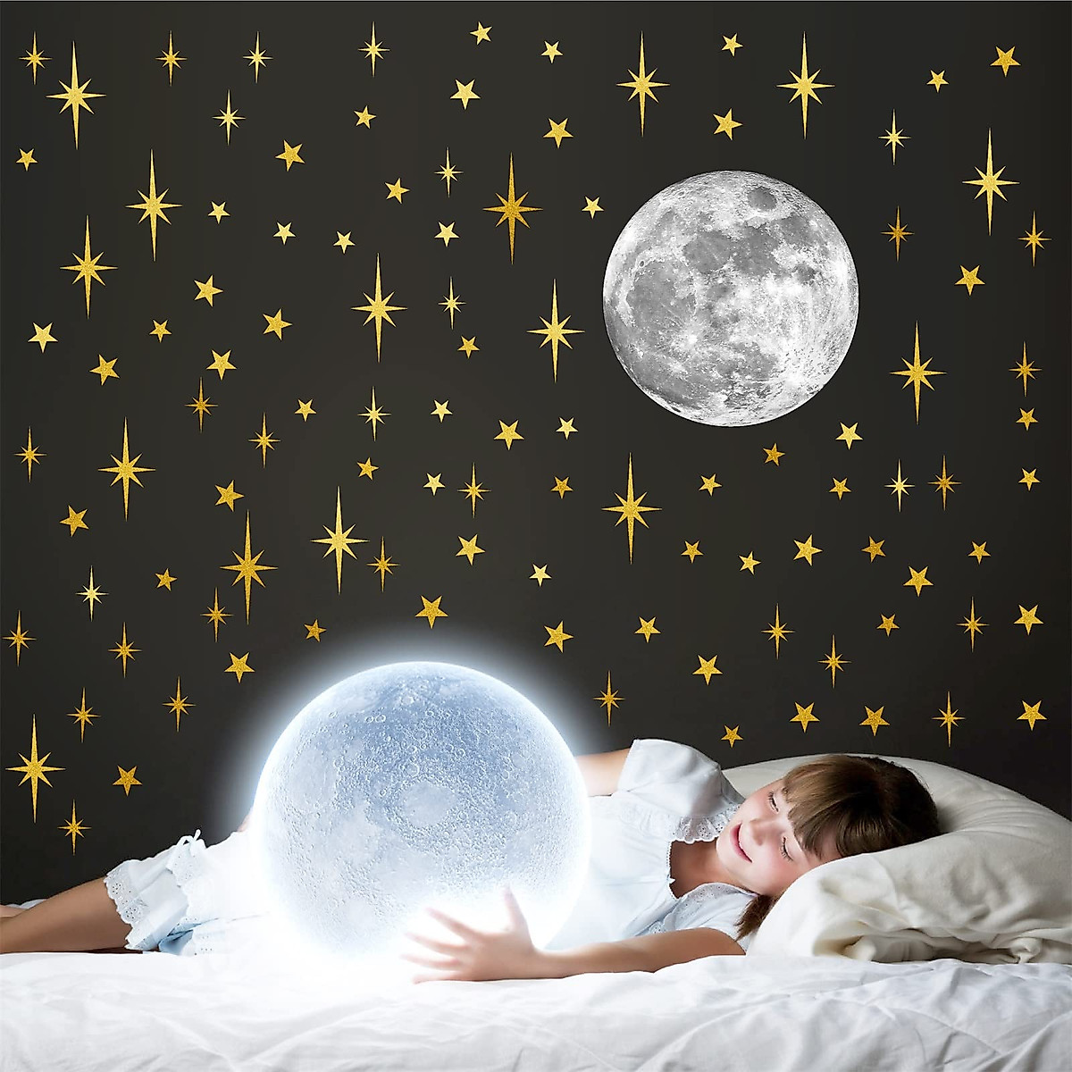 Moon and Stars Wall Decal Moon Wall Sticker Gold Star Decals Peel and Stick Wall Stickers Mural for Kids Baby Room Nursery Wall Decor Vinyl Star for Ceiling Wall Decals for Bedroom Playroom Decoration