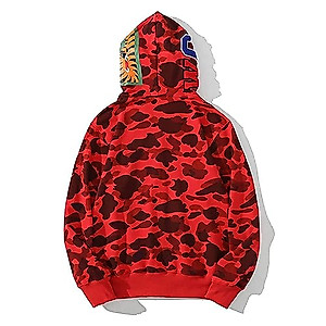 Men's Hoodie Shark Mouth Full Zip Jackets Oversized Long Sleeve Coat Trendy Hip Hop Tops Full Zip Hoodie for Men RED-M