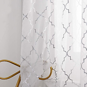 YJ YANJUN White Silver Kitchen Curtains 45 Inch Length Metallic Prin Short Curtains for Small Window Sheer Curtains 45 inch Length Set of 2 Panels 52 W x 45 L Inch White/Silver