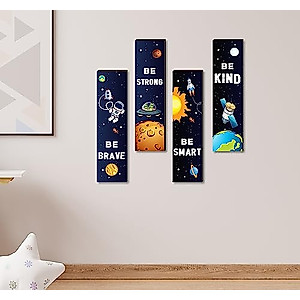 4 Pieces Space Decor Wooden Hanging Wall Plaques, Outer Space Theme Room Wall Art Decor, Boys Bedroom Decor Space Motivational Quote for Baby Kids Classroom Nursery