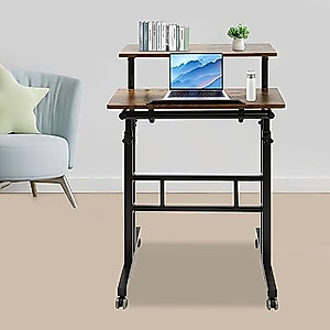 LOHISHILO Mobile Stand Up Desk Adjustable Laptop Desk with Wheels Storage Rolling Table Cart for Standing or Sitting, for Home Office Workstation, Iron-Brown, 27.5-45.3in