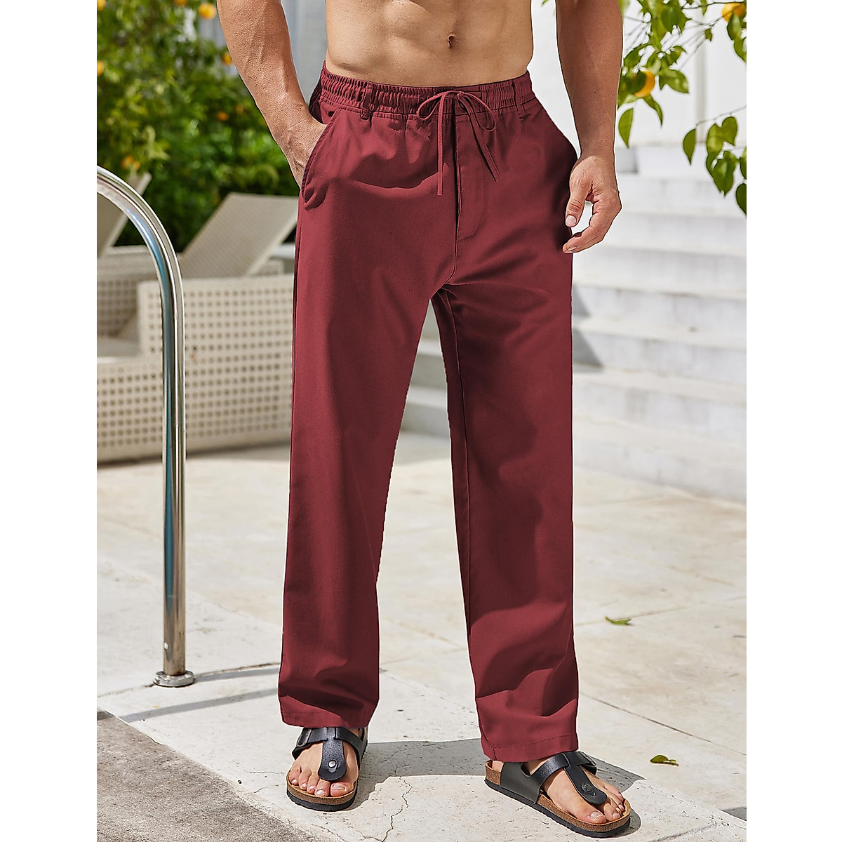 COOFANDY Light Pants for Men Summer Elastic Waist Casual Beach Slacks Linen Blend Trousers (Wine Red, XXXL)