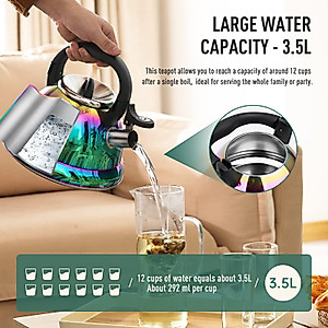Whistling Tea Kettle for Stovetop, 3.5L Stainless Steel Tea Pot with Cool Ergonomic Folding Handle, Rainbow Induction Kettles for Boiling Water, Mirror Finish…