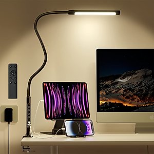 Beeih Desk Lamp with Remote Control, Aluminum Alloy Desk Lamps for Home Office, Desk Light with Dimmable 6 Color Modes & 6 Brightness, LED Desk Lamp with 2 USB Charging Ports (Type-C & A)