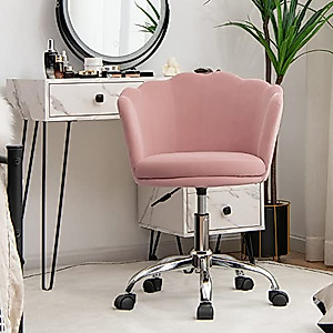 Giantex Kids Desk Chair, Comfy Home Office Task Chair with Wheels, Upholstered Velvet Seashell Back Vanity Chair, Cute Modern Computer Chair for Girls, Adjustable Swivel Rolling Arm Chair, Pink
