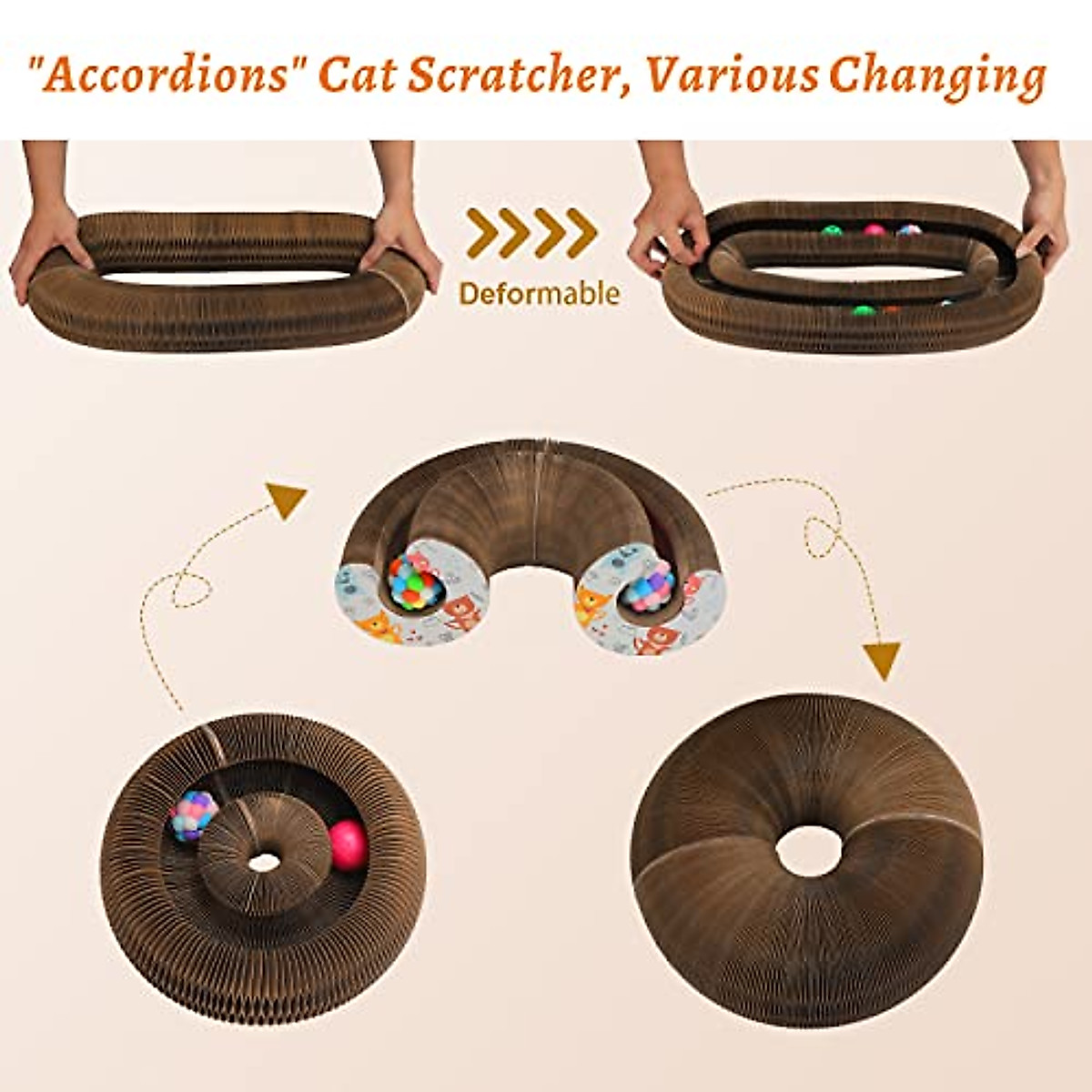2pcs Magic Organ Cat Scratching Board with 4 Cat Ball Toys Foldable Cat Cordain Scratcher for Grinding Claw, Durable Interactive Cat Scratching Cardboard for Indoor Cats
