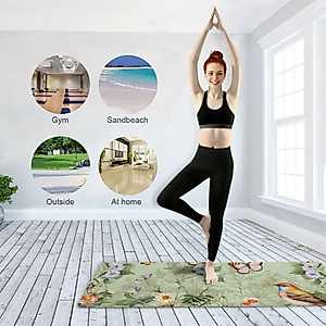 GOODOLD Flower and Bird Green Yoga Mat, 71 x 26 Inch Non-slip Yoga Mats Folding Travel Exercise Mat Indoor Outdoor Gym Pilates with Storage Bag for Women Men