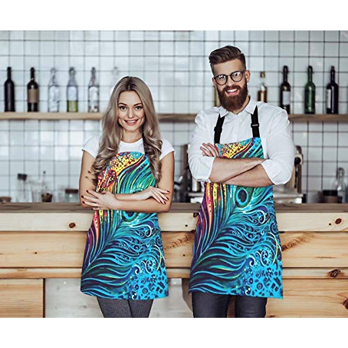 WONDERTIFY Peacock Feather Apron,Abstract Blue Peacocks Feather Bib Apron with Adjustable Neck for Men Women,Suitable for Home Kitchen Cooking Waitress Chef Grill Bistro Baking BBQ Crafting Apron