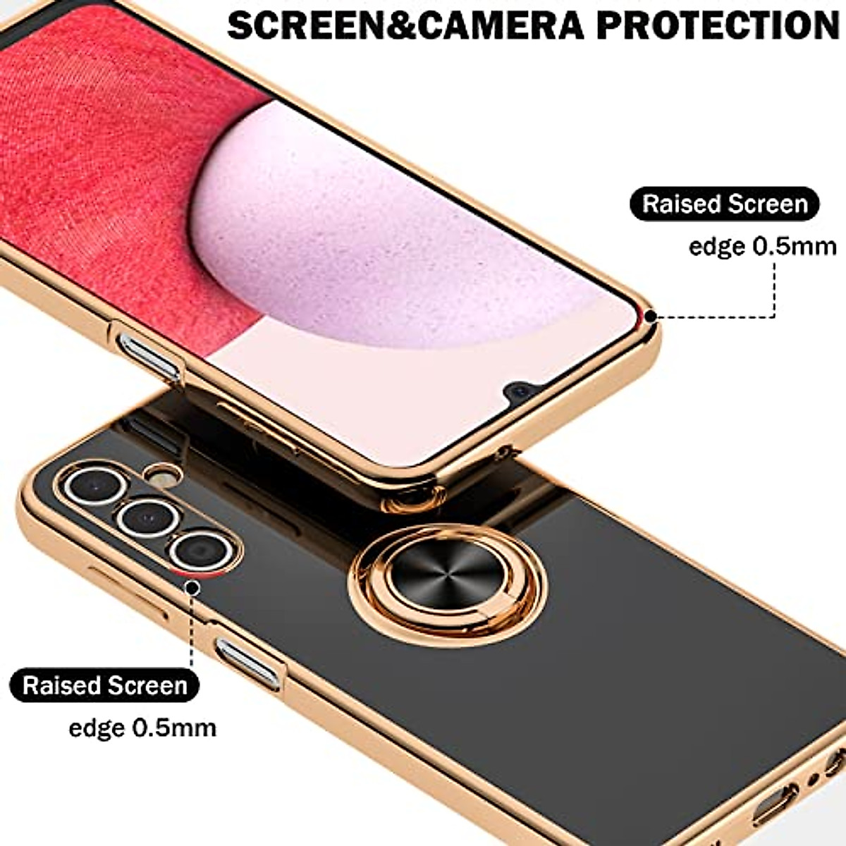 Jasmeas Case Compatible with Samsung Galaxy A14 5G with 2 Screen Protector, with Ring Holder Plating Rose Gold Edge 360° Kickstand Cover Slim Soft Flexible TPU Protective Phone Cases for Women-Black