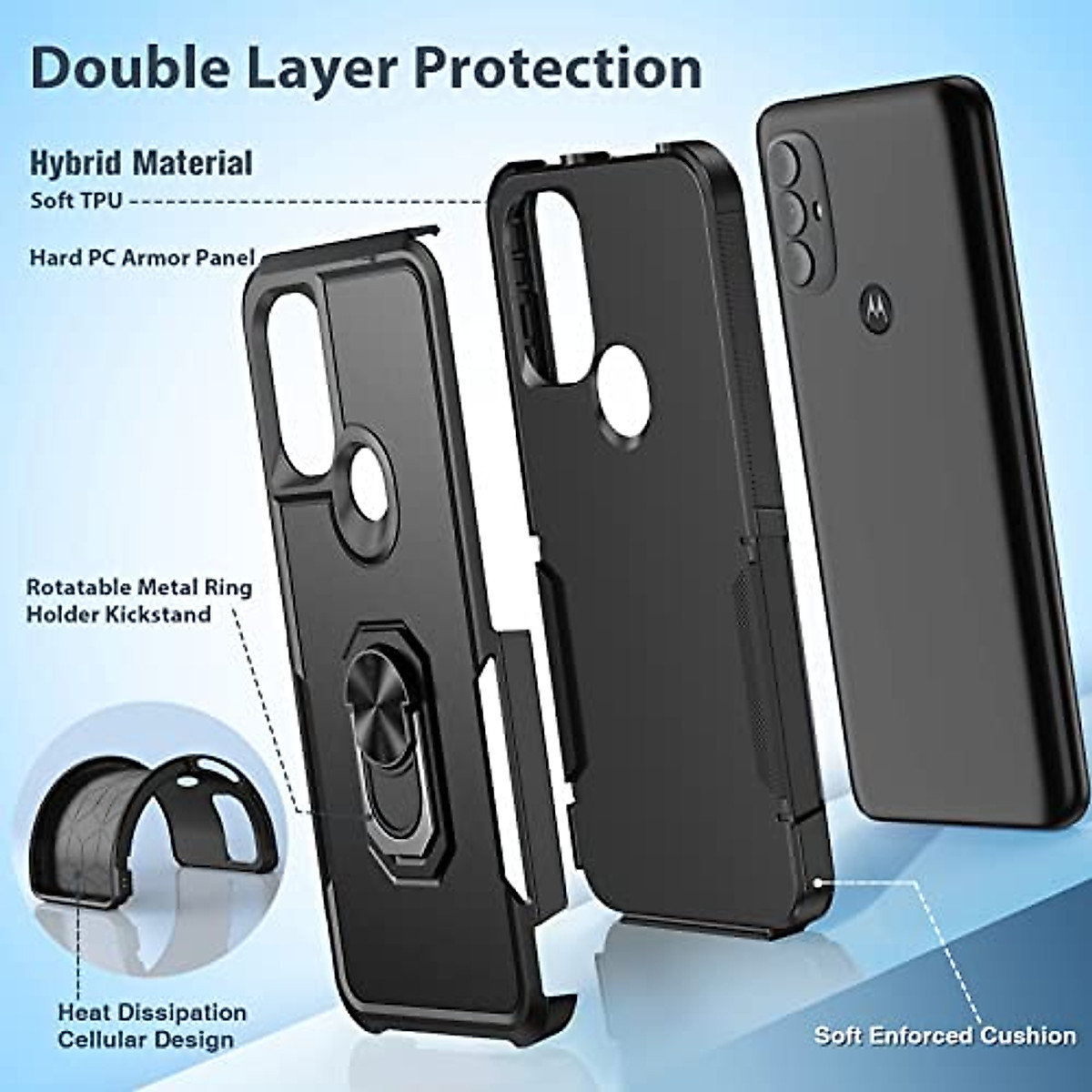 BNIUT for Motorola Moto G Play 2023 Case: Moto G Power 2022 Case/Moto G Pure 2021 Case - Dual Layer Protection Magnetic Kickstand Phone Cover with Ring Holder & Screen Protector (Matte Black)