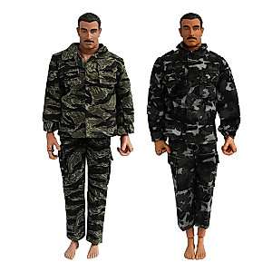 EBCO 2Pcs 1/6 Scale Tiger Strip Camo Military & Woodland Camouflage Suit for 12" Male Military Action Figure Body