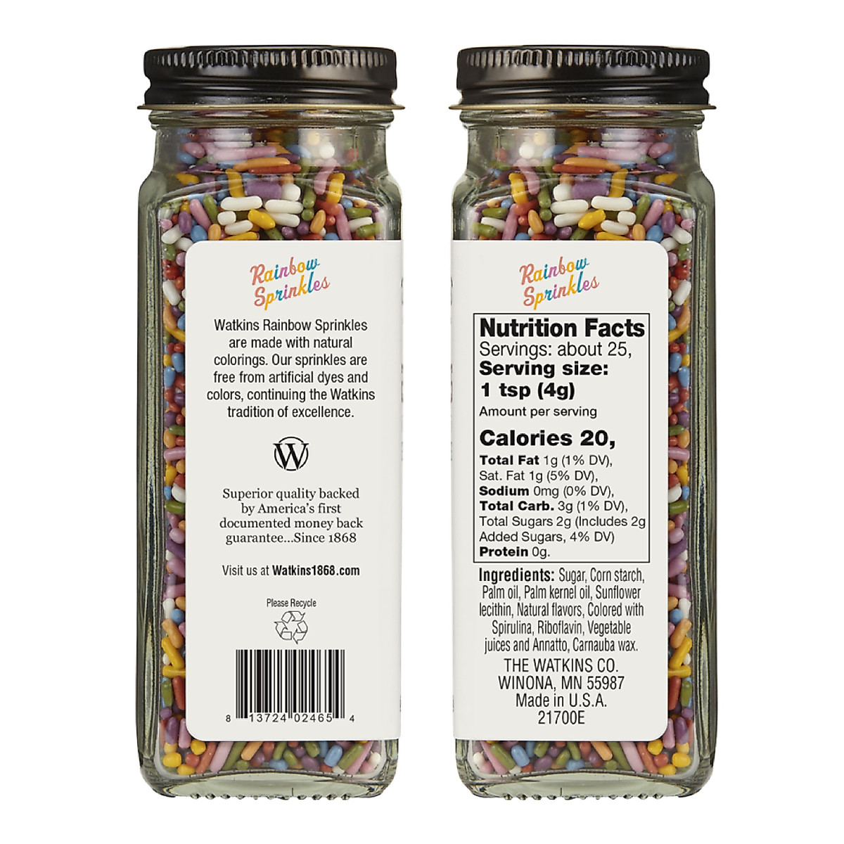 Watkins Rainbow Decorating Sprinkles, No Artificial Dyes, Kosher, 3.4 Ounce Jar, 1-Pack