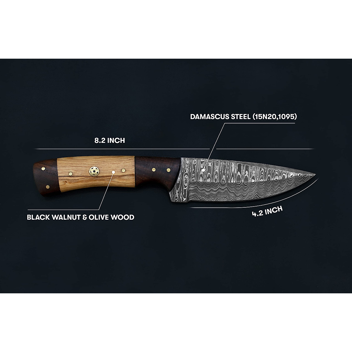 Titan International Knives 8.2" Damascus Steel Fixed Blade Hunting Knife | Handmade 1095 4340 Carbon Mix Hand Pounded | EDC Black Walnut and Olive Wood Handle | Leather Sheath Multi Purpose Survival and Camping Knives