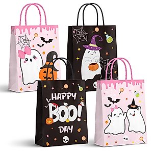 AnyDesign 24Pcs Halloween Paper Gift Bags with Handles 4 Design Halloween Boo Theme Bags Ghost Pumpkin Black Pink Candy Bags Goodie Present Bags for Gift Wrapping Halloween Birthday Party Favor