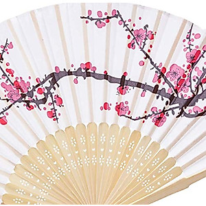 Sepwedd 50pcs Delicate Plum Blossom Blossom Design Imitated Silk Fabric Bamboo Folded Hand Fan Bridal Dancing Props Church Wedding Gift Party Favors with Gift Bags