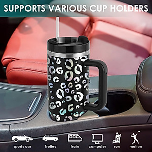 PIMDIR 40oz Leopard Tumbler with Handle Straw Lid, Stainless Steel Vacuum Insulated Reusable Travel Mug Keep Drinks Cold Ice Gym Cup, Gifts for Women Lovers, Car Holder Friendly, Black