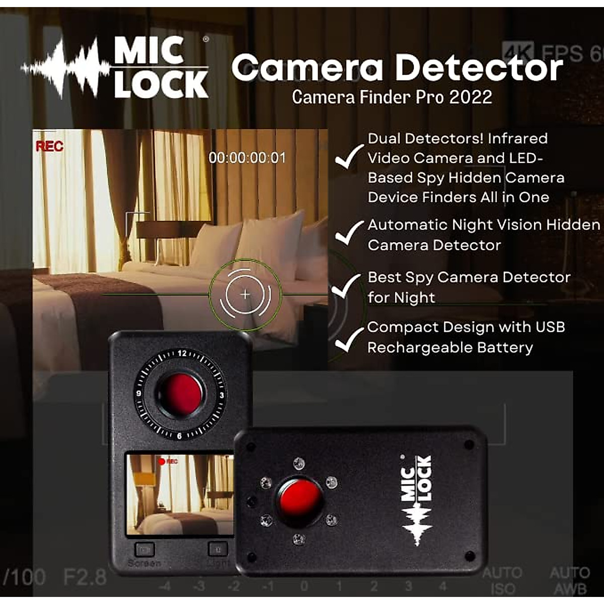Mic-Lock Camera Finder Pro Black - Anti-Spy Hidden Camera Detector with Light Mode, Night Vision Mode, & Camera Finder Trainer