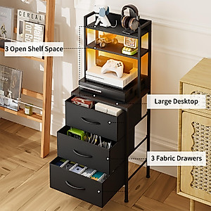 Fixwal 41 Inch Tall Nightstand with Charging Station, Led Night Stand with U-S-B Port & Socket, 3 PU Finished Fabric Storage Drawers, Office, Bedside Table & Bookshelf in One, Black