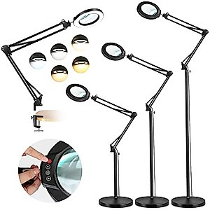 8X Magnifying Glass with Light and Stand, Krstlv 4-in-1 LED 5 Color Modes Stepless Dimmable Magnifying Floor Lamp, Adjustable Swing Arm Lighted Magnifier Lamp with Clamp for Close work, Craft, Reading