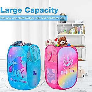Pop Up Laundry Hamper, 2 Pack Foldable Kids Pop-up Mesh Hamper with Durable Handles, Protable Laundry Basket for Kids Room (Unicorn)