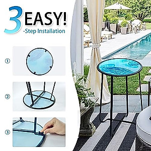 LIFFY Outdoor Side Table, 14" Weather Resistant Metal & Glass Patio Accent Side Table, Indoor Home Decorative End Table, Plant Stands Table Outside, for Yard Balcon Garden Bedside (Blue Jellyfish)