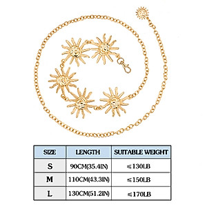 DTWAWA Gold Chain Belts for Women Sun Waist Chain Metal Punk Vintage Adjustable Link Body Chain Jewelry for Jeans Dresses(51.2in)