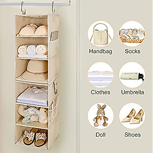 TOPIA HOME 6-Shelf Hanging Closet Organizer, Two Separable 3-Tier Thickened Fabric Hanging Closet Shelves with Mesh Pockets, Collapsible Closet Organizers and Storage Organization, Beige