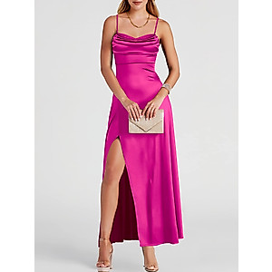 ANRABESS Women Formal Satin Spaghetti Strap Cowl Neck Bodycon Slit Prom Cocktail Maxi Dress Evening Party Rose X-Large
