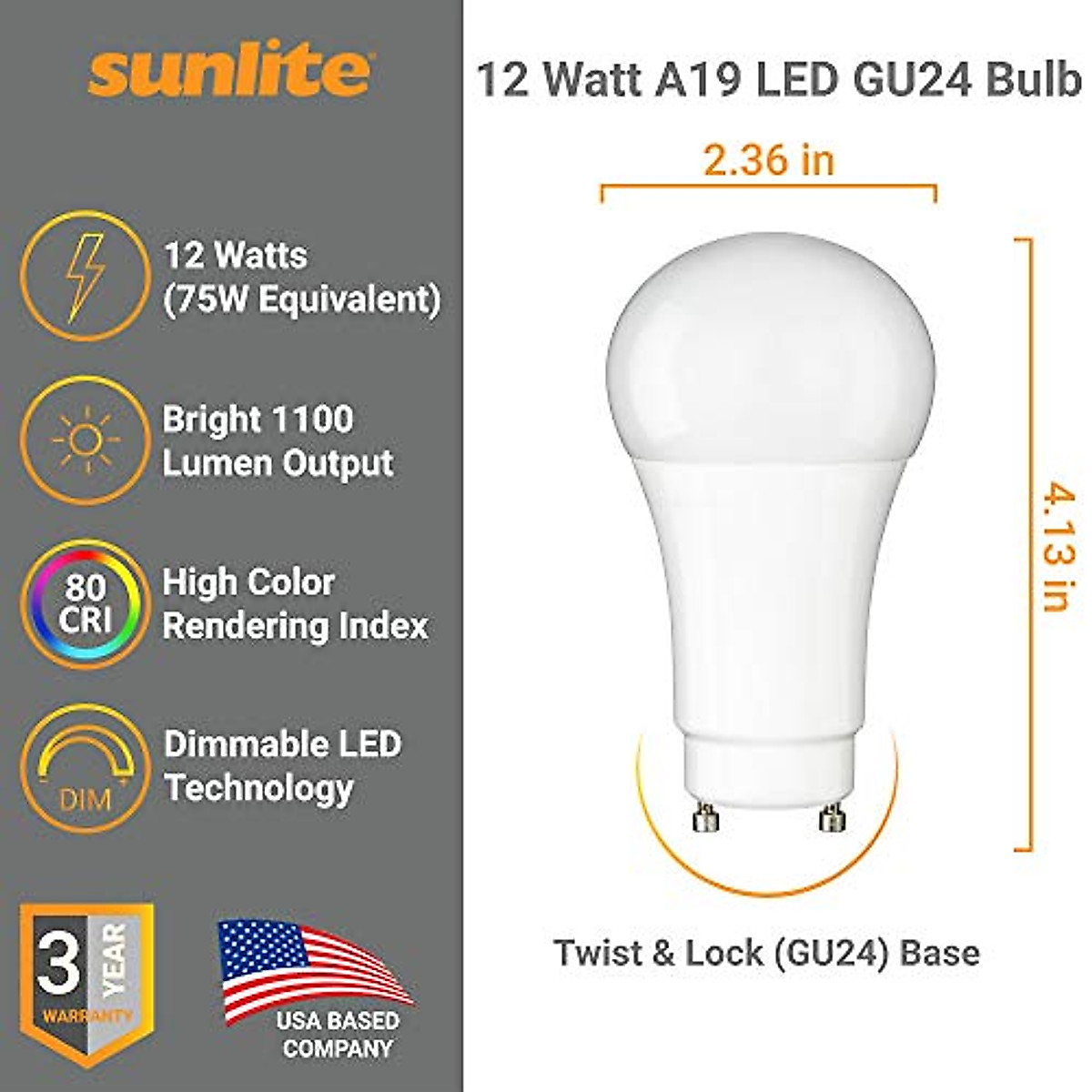 Sunlite 88254 LED A19 Light Bulb 12 Watts (75W Equivalent) 1100 Lumens, GU24 Twist and Lock Base, Dimmable, UL Listed, Energy Star, 2700K Warm White, 1 Count