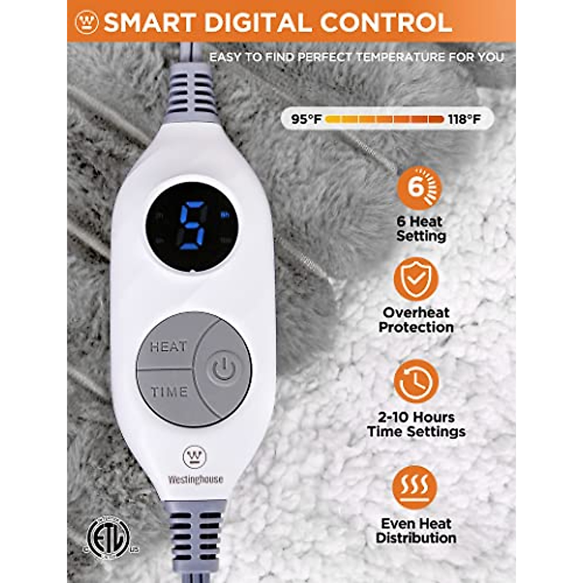 Westinghouse Electric Blanket Heated Throw, Super Cozy Luxury Faux Fur & Sherpa with 6 Heating Levels & 2-10 Hours Auto Off, Fast Heating & Overheat Protection, 50x60 Inch, Light Grey