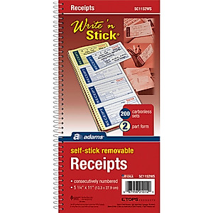 Adams Write n' Stick Receipt Book, 2-Part, Carbonless, White/Canary, 5-1/4" x 11", Spiral Bound, 200 Sets per Book, 4 Receipts per Page (SC1152WS)