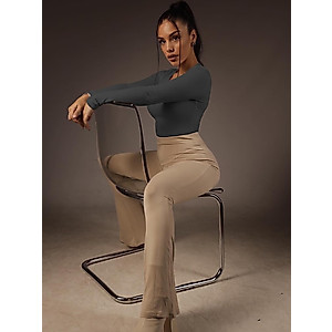 HYZ Women's 2 Piece Fall Long Sleeve Crew Neck Fitted Basic Workout Tunic Tops (US, Alpha, Large, Regular, Regular, Black Drakgray)