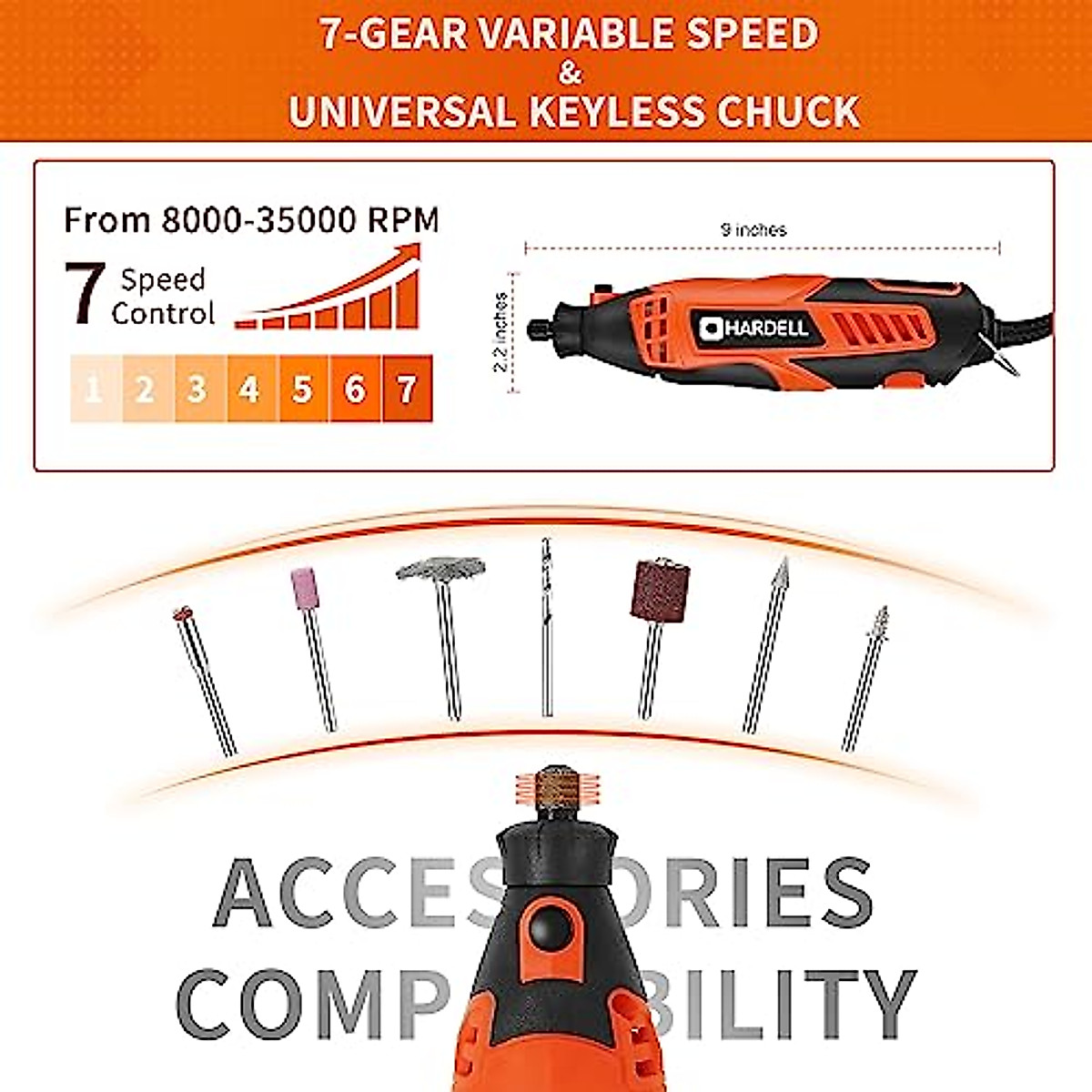 HARDELL Rotary Tool Kit, 160W Power Rotary Tool with Flex Shaft - 7 Variable Speed From 8000 to 35000RPM, 85pcs Accessories, Rotary Tools for Carving, Cutting, Engraving, Sanding, Grinding