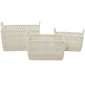 CosmoLiving by Cosmopolitan Cotton Fabric Handmade Storage Basket with Handles, Set of 3 11", 10", 9"H, White
