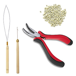 Hair Extension Tool Kit, Bead Device Tool, Silicone Lined Links Beads, Curved Hair Plier, for Tinsel and Feather Hair Extensions or Removal (Beige)