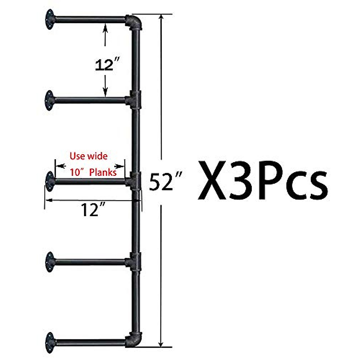 Tianman Industrial Wall Mount Iron Pipe Shelf Shelves Shelving Bracket Vintage Retro Black DIY Open Bookshelf DIY Storage offcie Room Kitchen Shelves (3Pcs,52" Tall,12" deep)