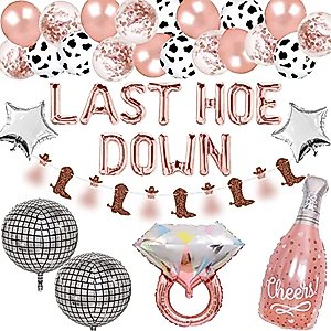 Rose Gold Last Hoedown Western Cowgirl Bachelorette Party Kit with Last Hoedown Banner, Rose Gold Balloon Garland Arch, Ring Disco Ball Mylar Balloon