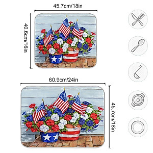 American Flag Spring Summer Flower Poppy Dish Drying Mat 18x24 for Kitchen Memorial Independence Day 4th of July USA Flag Dishes Pad Dish Drainer Rack Mats Absorbent Fast Dry Kitchen Accessories