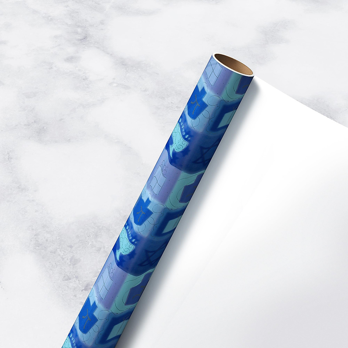 Designer Greetings Glitterwrap™ Hanukkah Gift Wrap – Dreidels, Star of David, Menorahs, Coins and Blue Striped Pattern (4 Rolls/Designs Per Pack, 30” x 192”, 40 Sq. Ft.)