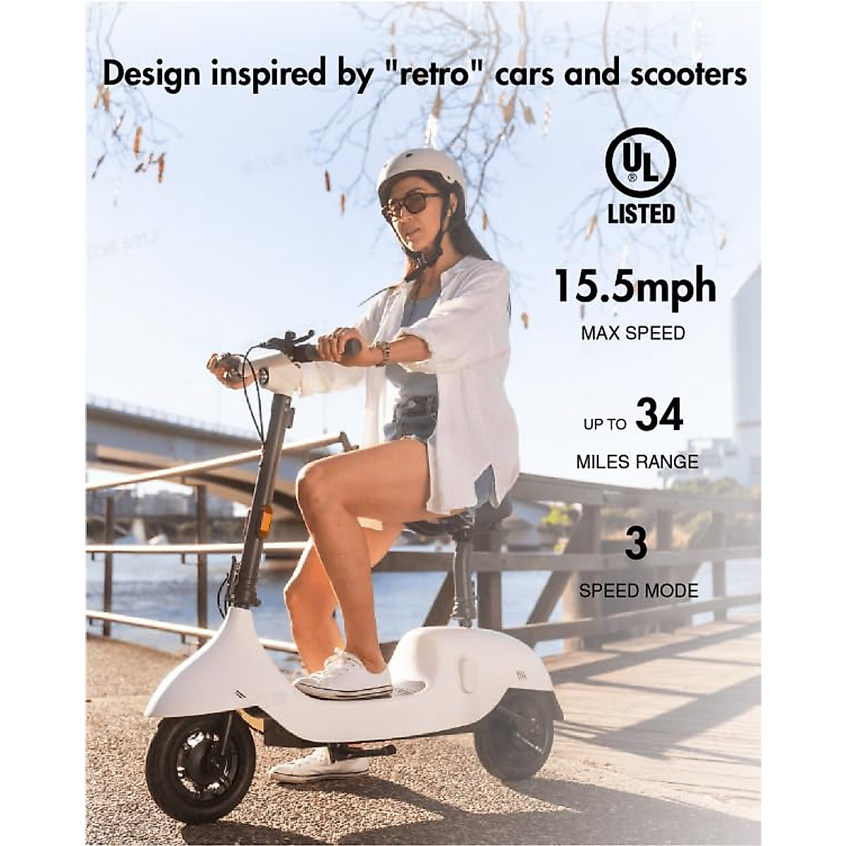 OKAI | Ceetle Pro | Electric Scooter with Seat | Up to 35 Miles Range | 15.5MPH | Stylish Moped Scooter | 10 inch Vacuum Tires | White | UL 2272 Certified
