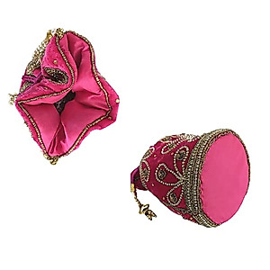 CRAFT BAZAAR Indian Potli Bag, Standing Drawstring Purse, Mini Bucket Bag, Evening Bag with Wristlet and Tassels (Pink)