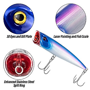 Dr.Fish Topwater Popper Saltwater Fishing Lures, 5-1/2 Inches GT Popper VMC Treble Hooks Surf Fishing Lures for Striper Pike Salmon Lures Bass Popper Fishing Plugs Offshore Blue/Purple