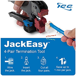 ICC Voice Grade Telephone Keystone Jack with Slim Profile 180 Degree Punch Down, 6P6C RJ11, UL Listed TAA Compliant for Wall Plate or Patch Panel, Works with JackEasy Termination Tool, Black