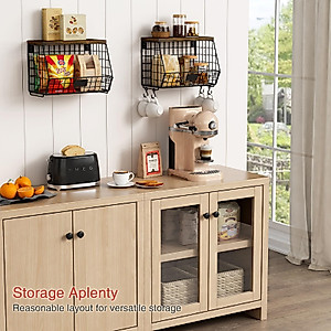 Goozii Hanging Wall Fruit Basket for Kitchen Counter 2 Pack, Stackable Wire Baskets for Organizing with Wood Lid, Potato and Onion Storage Bin with Banana Hook for Vegetable Produce, Black + Rustic