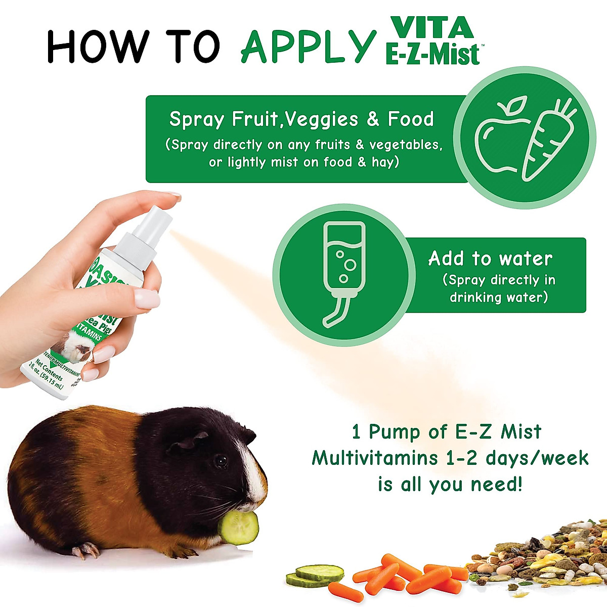 Oasis Vita E-Z Mist All-in-1 Multivitamins for Guinea Pigs - Daily Vitamin Supplement Supports Healthy Bones & Teeth, Joints & Digestion, Promotes Healthy Skin Coat, 2-Ounces