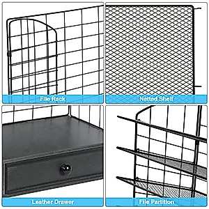 5-Trays File Organizer with Drawer,Mesh Desk Organizers,Letter Tray Paper Organizer,Height Adjustable File Holder for Office School Home（Black）